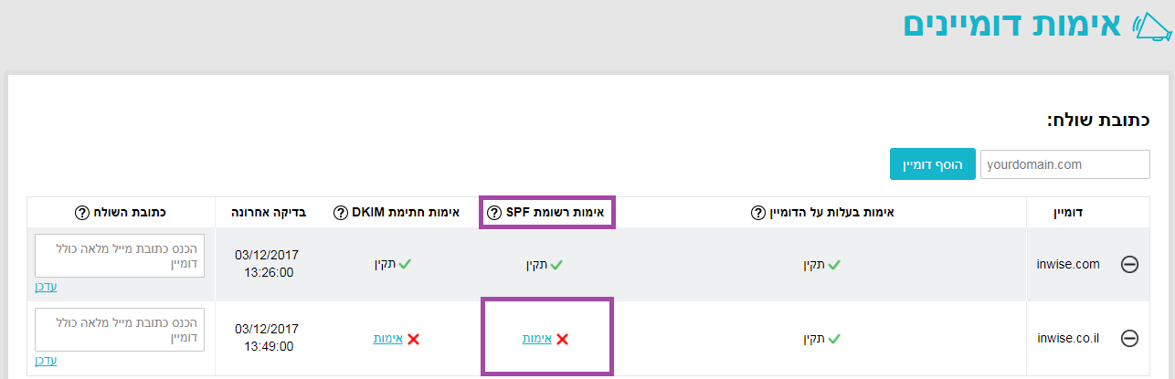- inwise ניהול ואימות דומיינים